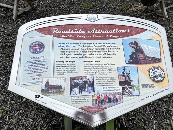 History meets whimsy on this informational plaque, where Guinness World Records confirms what your eyes can't believe—this wagon is officially, monumentally enormous.