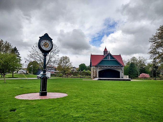 Rotary Park's iconic clock stands guard over green space where relaxation doesn't require a membership fee.