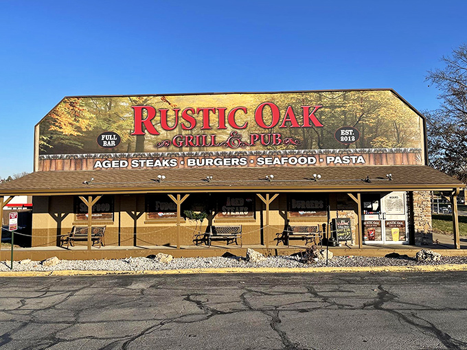 The Rustic Oak Grill & Pub promises exactly what its wooden facade suggests – hearty comfort food that sticks to your ribs and your memory.
