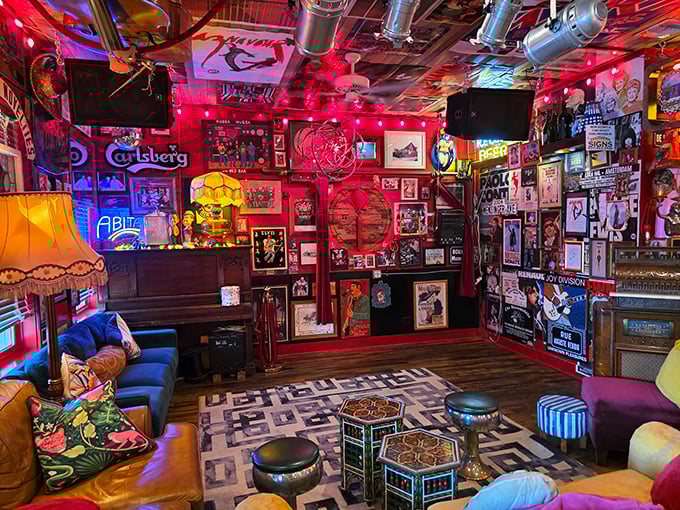 Walking into The Red Bar feels like stumbling into rock 'n' roll's attic—every inch plastered with memorabilia that tells stories even before your server arrives.