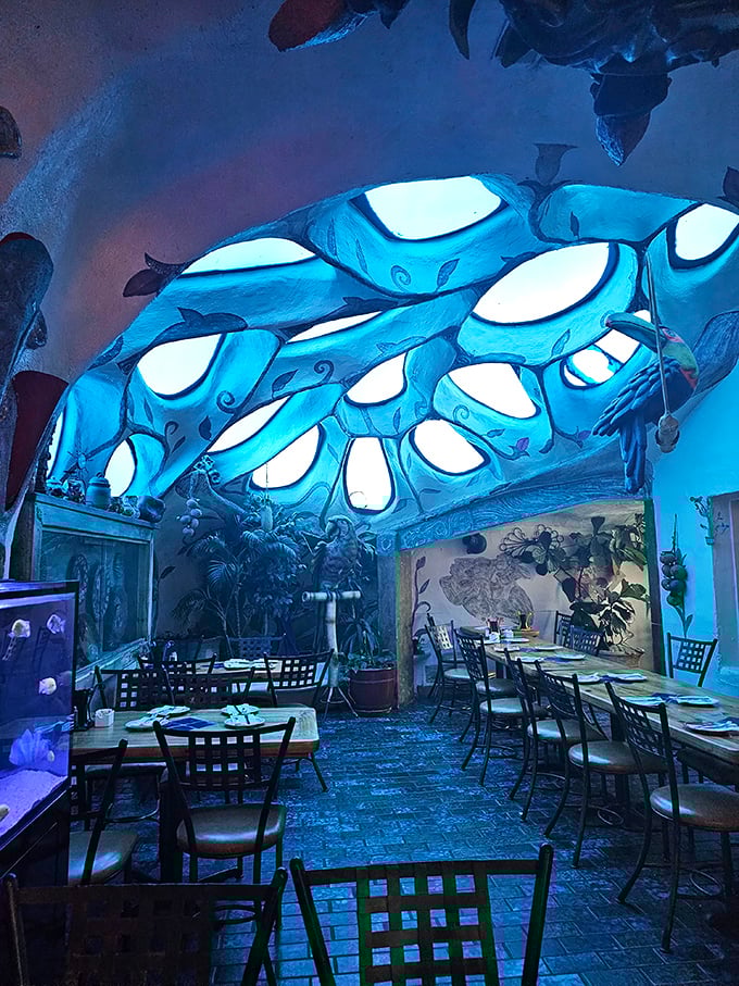 Step inside and look up—that ethereal blue ceiling creates an atmosphere somewhere between a Mexican hacienda and James Cameron's Avatar.