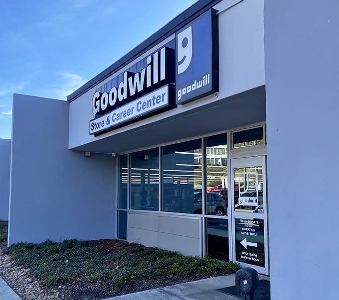 The smiling Goodwill logo welcomes bargain hunters to what locals affectionately call "the bins"—retail's final frontier.
