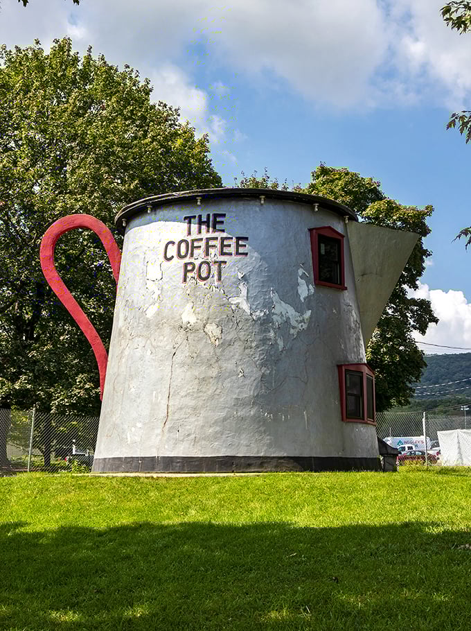 The Coffee Pot isn't compensating for anything – this roadside giant is pure Americana, complete with a handle that could double as a playground slide.