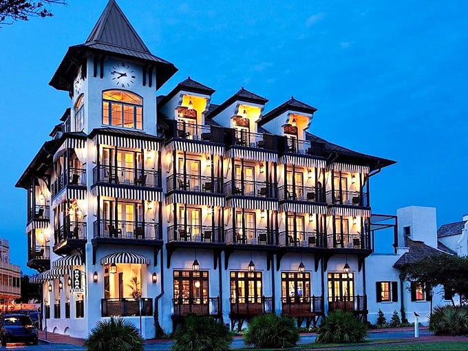 The Pearl Hotel glows at twilight like a birthday cake with too many candles—elegant, inviting, and slightly showing off.