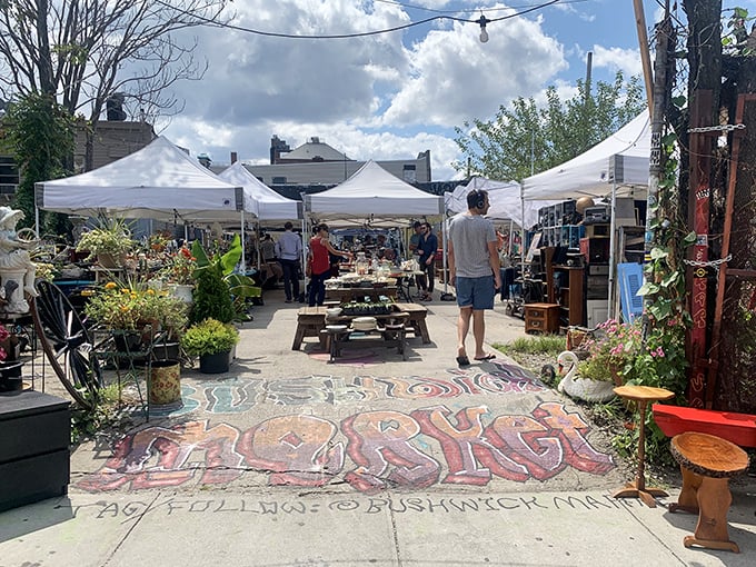 The market's entrance graffiti serves as Brooklyn's version of a welcome mat – colorful, artistic, and unmistakably authentic.