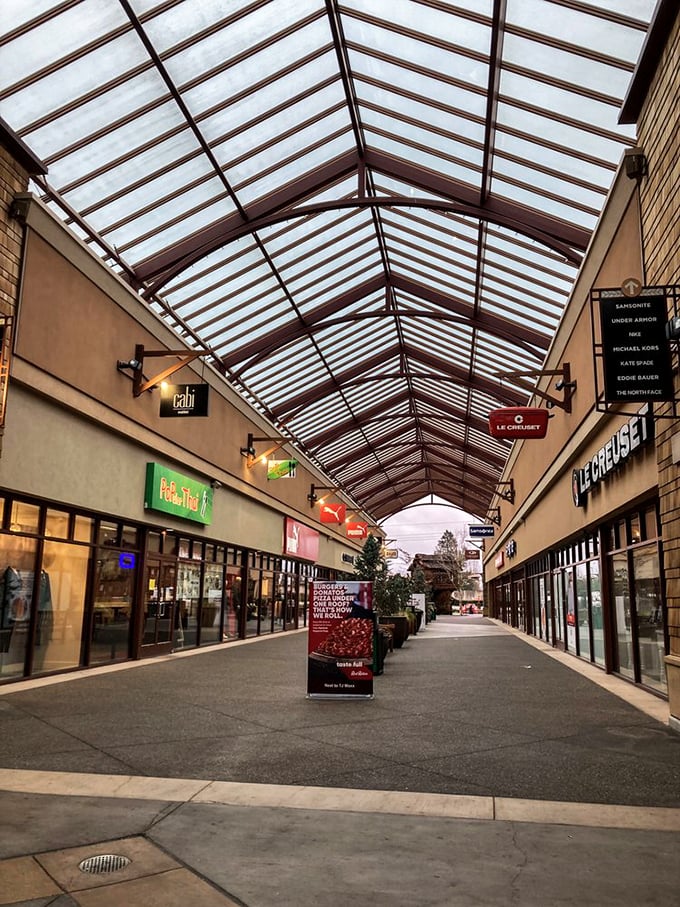Those covered walkways aren't just pretty – they're Oregon's answer to keeping your new purchases dry between stores.