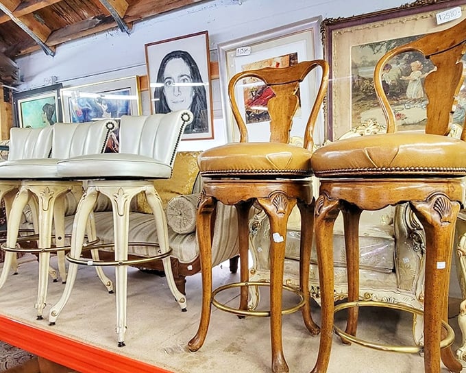 These vintage bar stools tell stories of cocktail hours past. The cream and caramel leather pieces wait patiently for their next chapter in someone's home.