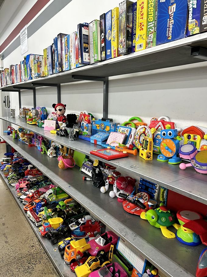 A colorful chaos of childhood nostalgia awaits in the toy section, where yesterday's playthings find new homes with today's kids.