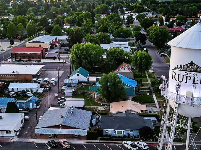 From above, Rupert reveals its true character: a patchwork of affordable homes nestled among mature trees, with that iconic water tower standing sentinel.