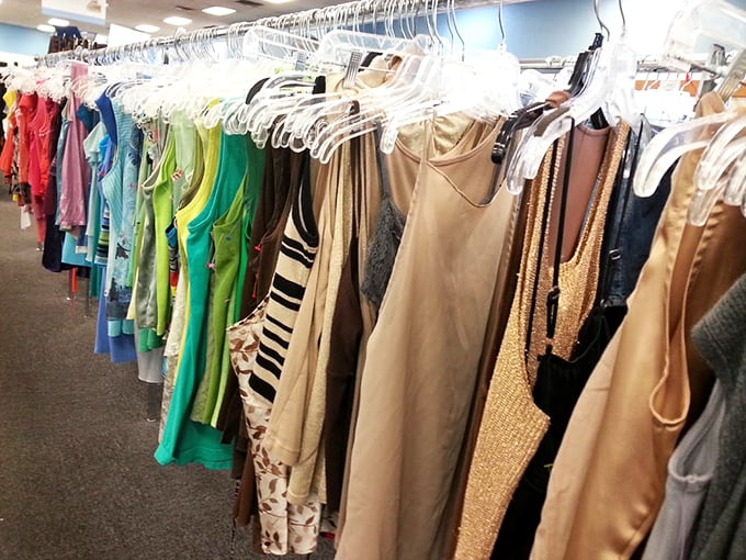 A rainbow of possibilities hangs in perfect order. Each garment whispers stories of its former life, waiting for a new chapter.