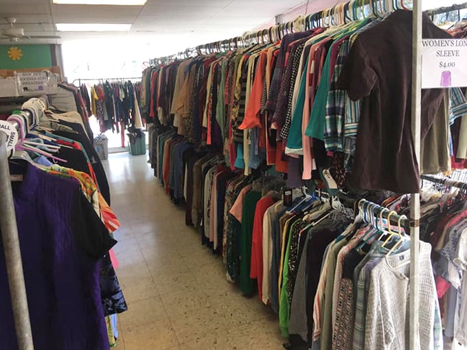 Rack after glorious rack of clothing possibilities stretches toward the horizon. It's like walking into a rainbow organized by sleeve length.