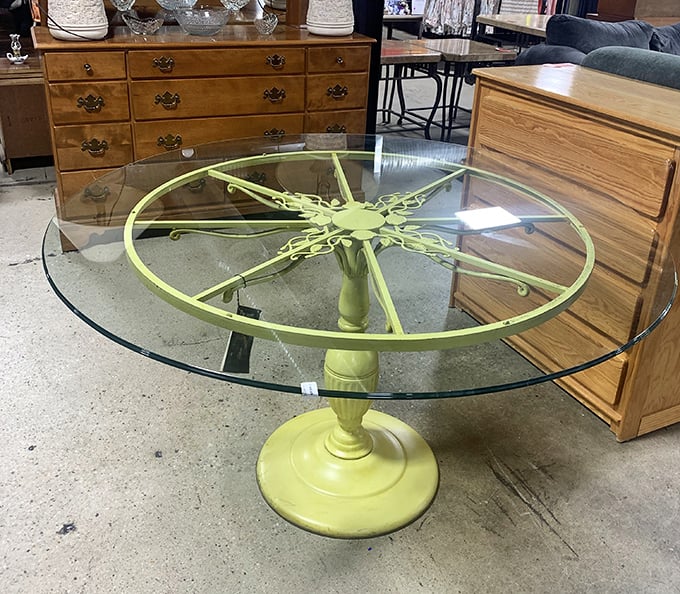 This lime green pedestal table with glass top isn't just furniture—it's a conversation piece that screams "the '70s called and left something fabulous behind!"