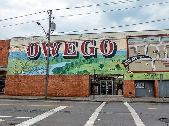 That "You Are Here" sign isn't just stating the obvious—it's inviting you into Owego's world of antiques and small-town charm.
