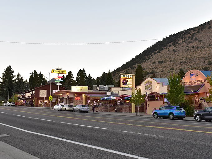 Main Street Lee Vining at golden hour – where every storefront tells a story and the mountains keep watch.