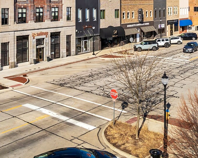 From above, Mattoon's downtown grid reveals itself as a perfectly planned small-town tableau where parking spots outnumber traffic jams.