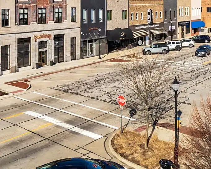 From above, Mattoon's downtown grid reveals itself as a perfectly planned small-town tableau where parking spots outnumber traffic jams.