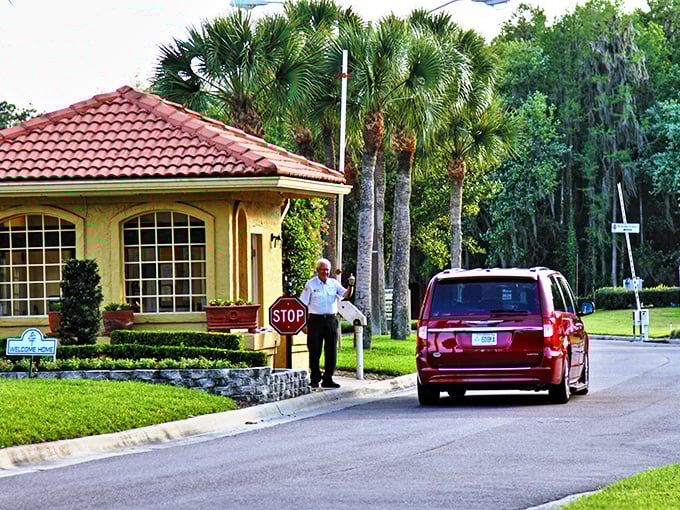 The gatehouse greeting committee takes their job seriously—keeping solicitors out and smiles coming in.