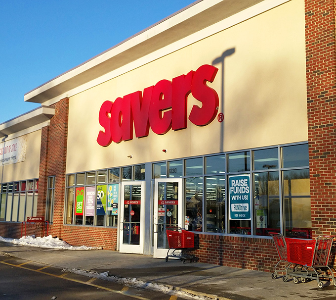 Bold red letters against cream-colored walls – the retail equivalent of a dinner bell calling thrifters to the table of affordable finds.