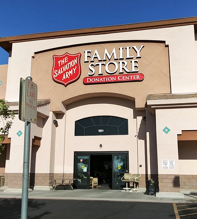The iconic red shield welcomes visitors to this thrifter's paradise, where one person's castoffs become another's prized possessions.