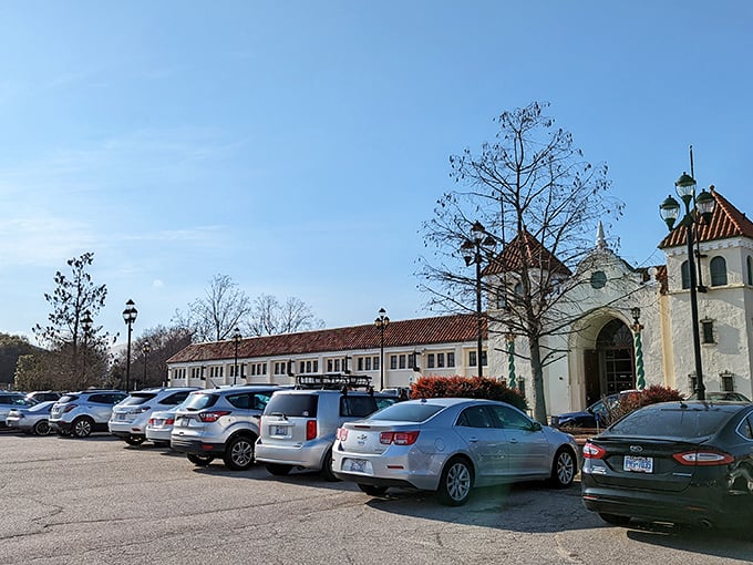 The Spanish-style architecture of the State Fairgrounds provides a dignified backdrop for the weekend's most undignified bargain scramble.