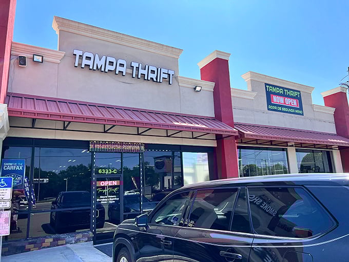 Tampa Thrift's welcoming storefront promises adventure within. That "NOW OPEN" sign might as well say "Wallet Relief Center."