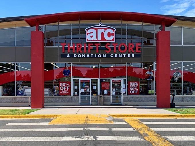 The front entrance promises 50% off deals that would make even the most reluctant thrifter's heart skip a beat.