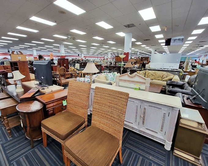 A furniture wonderland where wicker meets wood in a dance of secondhand elegance. Your living room's next conversation piece is hiding somewhere in this treasure trove.