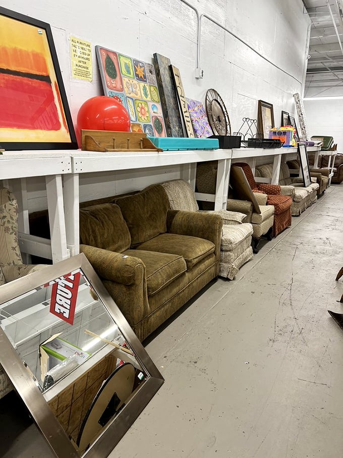 Sofa safari at its finest! Each loveseat tells a story—some more colorful than others. That olive green number is practically begging for a second act.