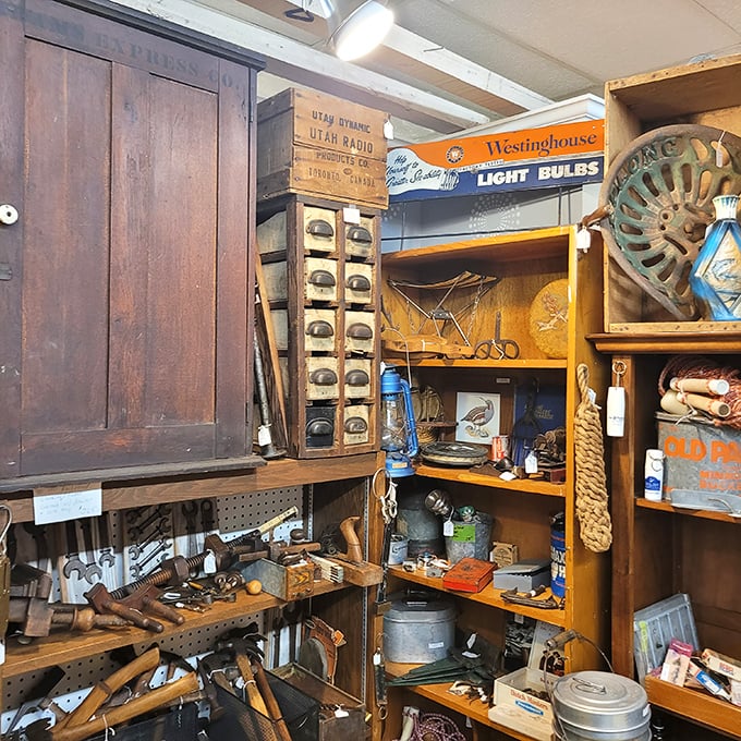 Tool heaven for the historically inclined handyman. That blue kerosene lamp isn't just functional—it's a conversation starter that outshines any modern flashlight.