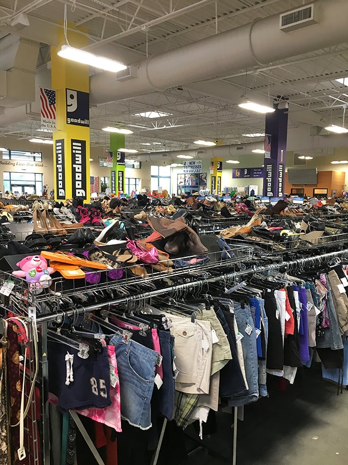 A textile ocean stretches before you—racks upon colorful racks where yesterday's impulse buys become tomorrow's fashion statements.