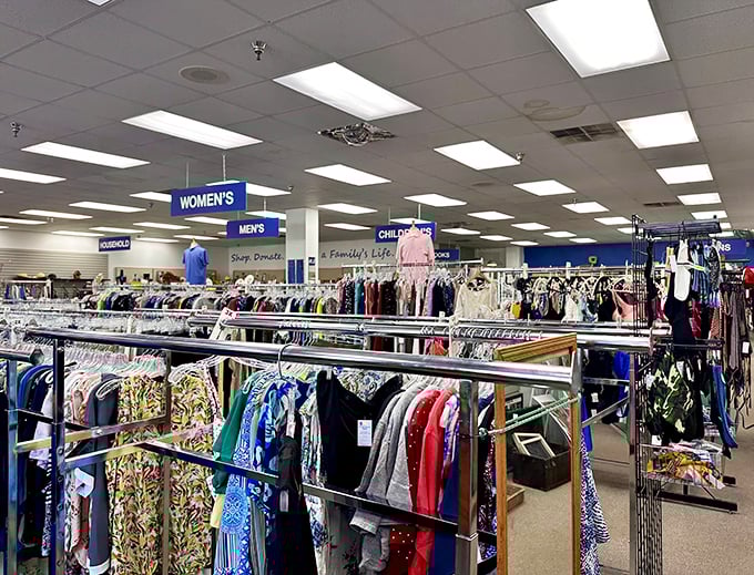 Organized chaos at its finest! The clothing section stretches as far as the eye can see, with color-coded racks making treasure hunting a breeze.