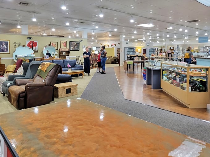 Inside, the spacious showroom stretches like an organized wonderland of possibilities, where furniture finds and collectibles await their second chance at love.
