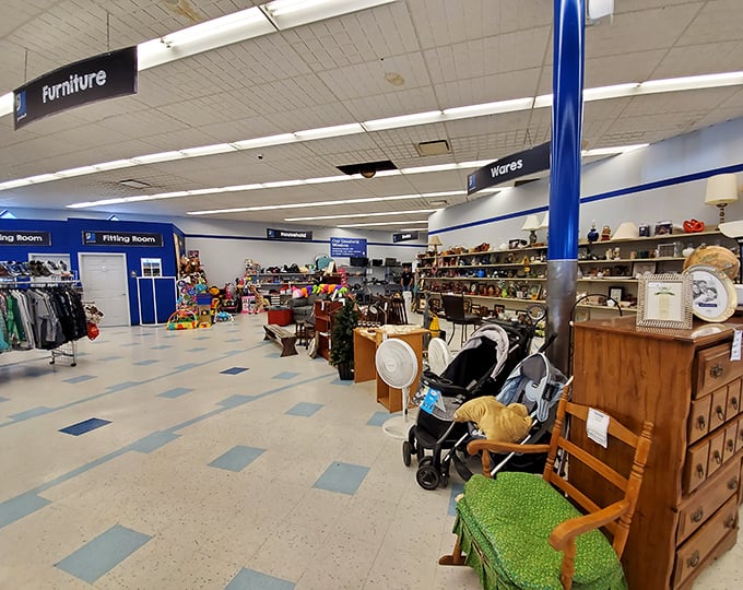 Inside this cavernous wonderland, clearly marked sections guide you through a labyrinth of pre-loved possibilities.