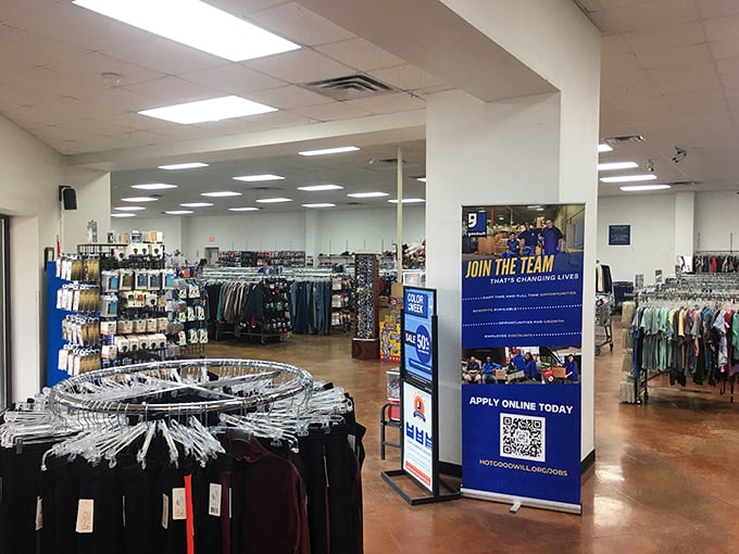 Step inside and behold the promised land of thrift—organized racks stretching as far as the eye can see, each holding potential gems.