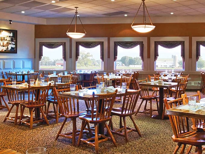 Wooden Windsor chairs and large windows create a dining room that's both spacious and intimate—the Goldilocks zone of restaurant ambiance.