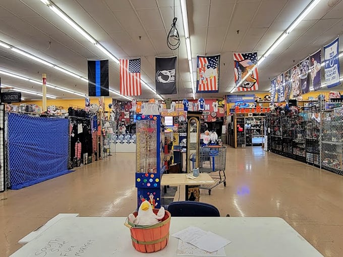 American flags hang proudly above a maze of vendor stalls, where every aisle promises adventure and the thrill of the unexpected find.