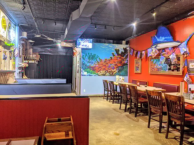 Vibrant orange walls and nautical touches create the perfect backdrop for seafood adventures. Like stepping into a coastal joint that took a wrong turn at Albuquerque.