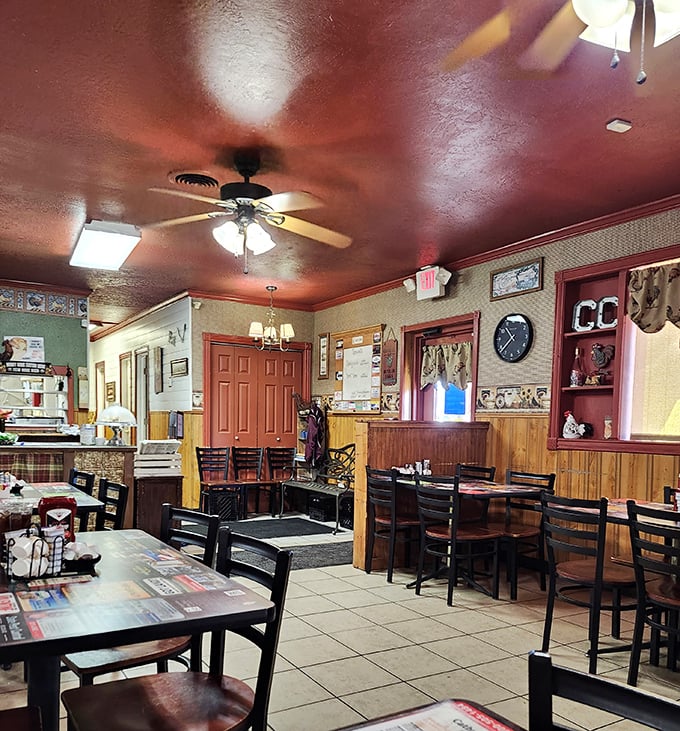 Wood paneling, ceiling fans, and that unmistakable diner ambiance—like stepping into your grandmother's kitchen, if grandma could cook for 50 people at once.