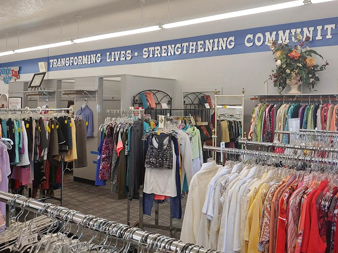 Racks upon colorful racks – the clothing section is organized with military precision but with the soul of an artist's palette.