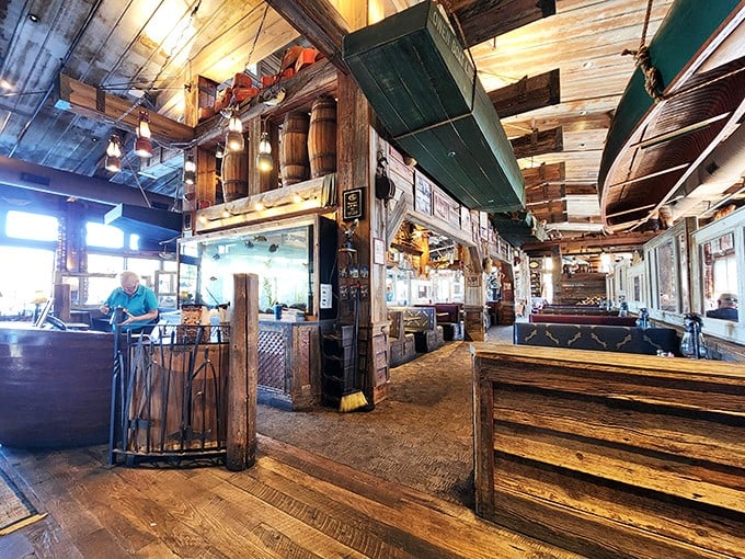 Step inside and you're greeted by a cathedral of wood and nostalgia – boat hulls suspended from ceilings and fishing memorabilia telling tales of "the one that didn't get away."