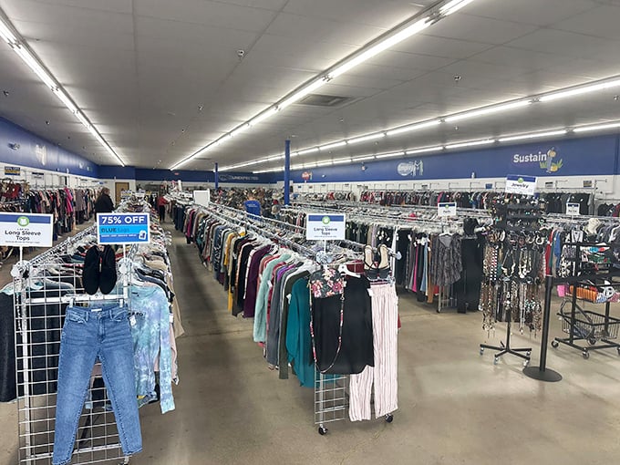 Racks upon racks of possibility! The clothing section stretches far enough that you might consider packing a snack for the journey from blouses to outerwear.