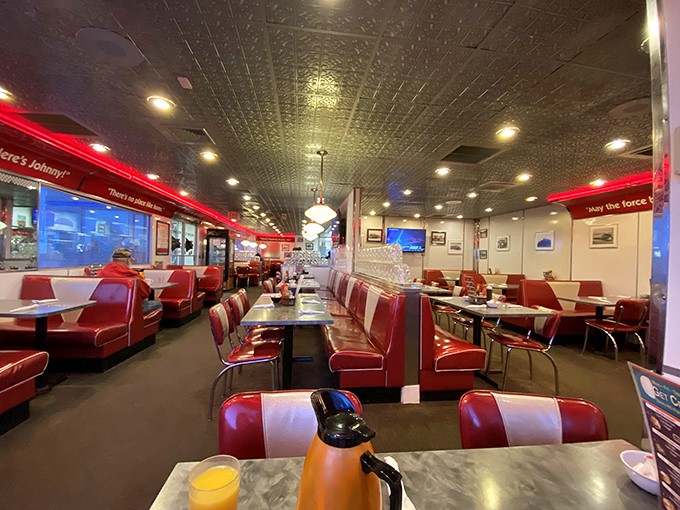 Red vinyl booths and pressed tin ceilings – walking into Mel's feels like stepping into a Norman Rockwell painting where calories don't count and coffee refills are infinite.