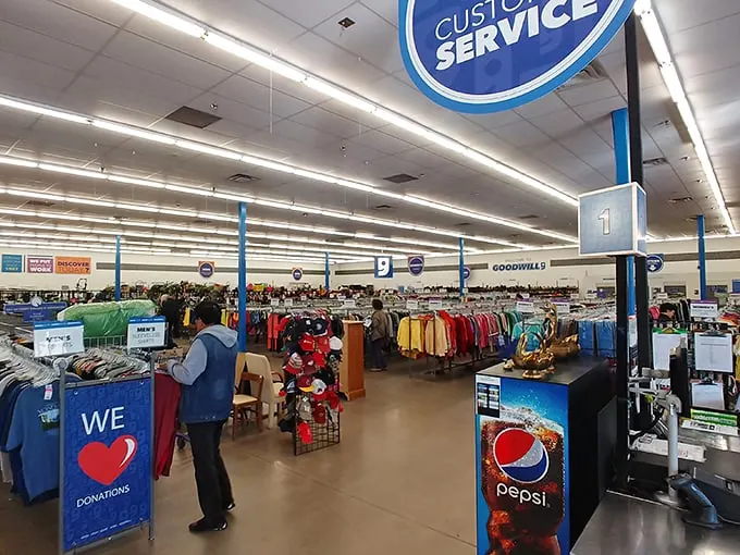 Inside, the vastness reveals itself—organized departments stretch as far as the eye can see, a thrifter's paradise meticulously arranged.