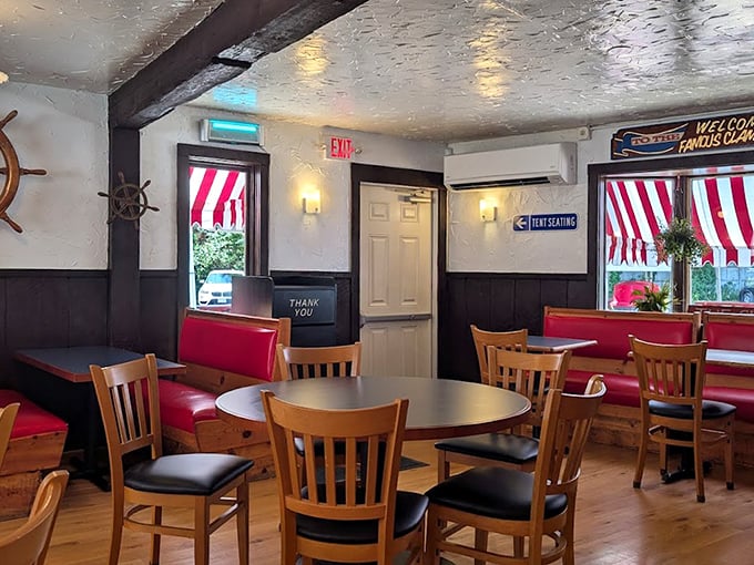 Nautical simplicity at its finest—where the only thing more satisfying than the decor is knowing what's about to arrive at your table.