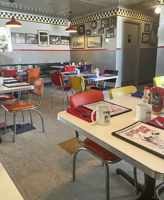 Classic Americana in every detail—from the checkered border to the colorful chairs that have cradled hungry patrons through countless coffee refills.