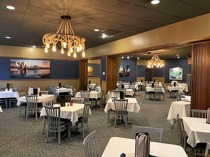 White tablecloths, elegant chandeliers, and comfortable spacing between tables—the dining room strikes that perfect balance between special and comfortable.