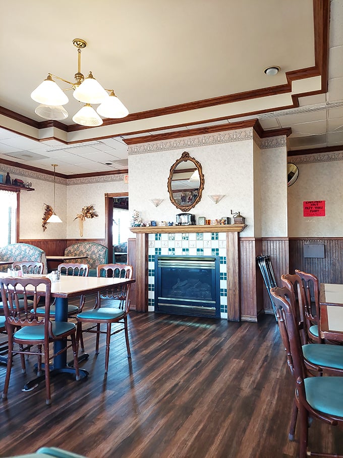 Cozy wooden accents and a welcoming fireplace create that "grandma's dining room" vibe – minus the uncomfortable questions about your love life.