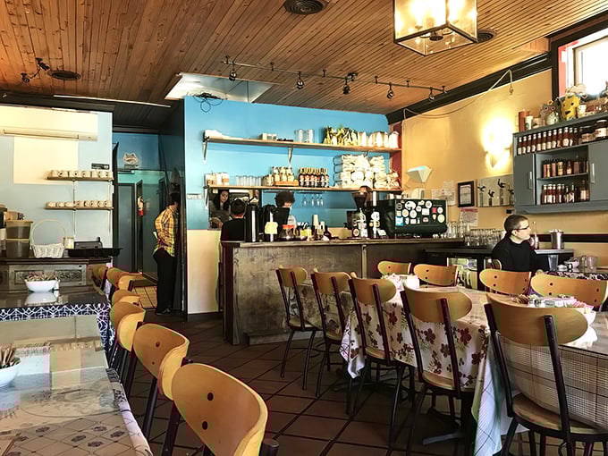 Wooden ceiling panels and sky-blue walls create that rare atmosphere that's both cozy and energizing—like breakfast jazz in architectural form.