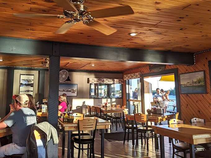 Knotty pine walls and ceiling fans create that perfect Northwoods ambiance—like dining in a cozy cabin that happens to serve incredible fish.