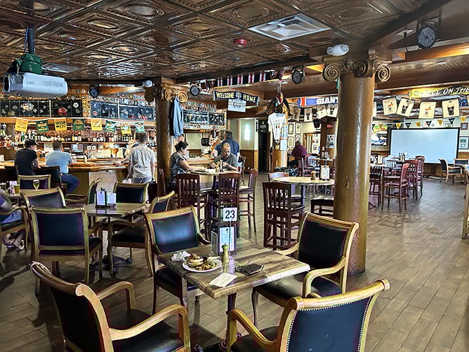 Step inside and you're transported across the Atlantic—ornate tin ceiling, warm wood tones, and that unmistakable pub ambiance that says "stay awhile."